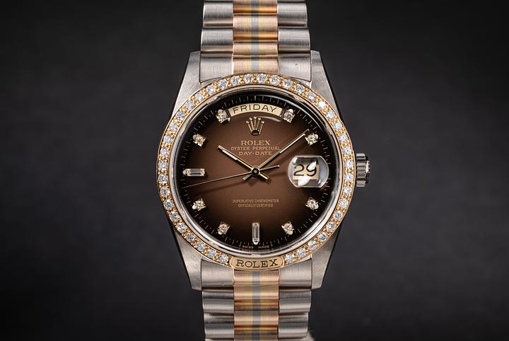 1986 Rolex Tridor Day-Date 18129 Brown Diamond Vignette Dial | Tropical ...
