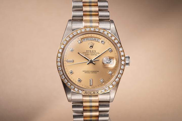 1985 Rolex Diamond Day-Date Tridor 18129 Champagne Diamond Dial ...