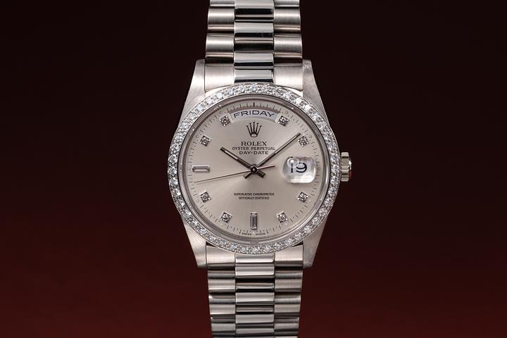 1989 Rolex 18K White Gold Day-Date 18349 Silver Diamond Dial | Tropical ...