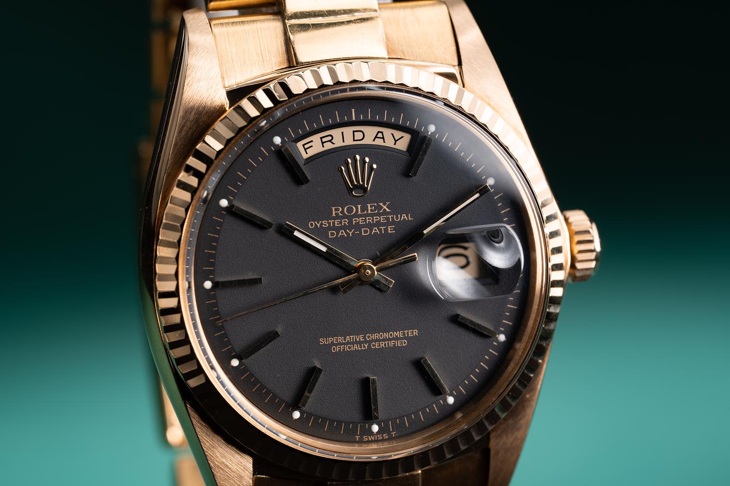 1972 Rolex 18K YG Day-Date 1803 Matte Black Dial | Tropical Watch