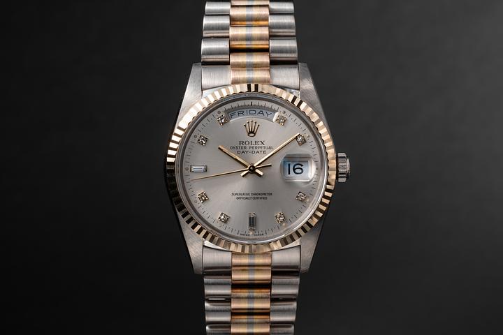 1989 Rolex Tridor Day-Date 18239 Silver Diamond Dial | Tropical Watch