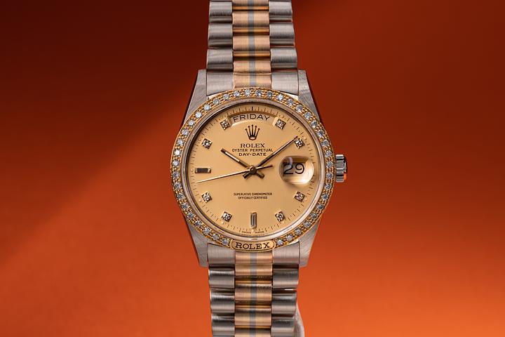 1985 Rolex Diamond Day Date Tridor 18129 Champagne Diamond Dial ...