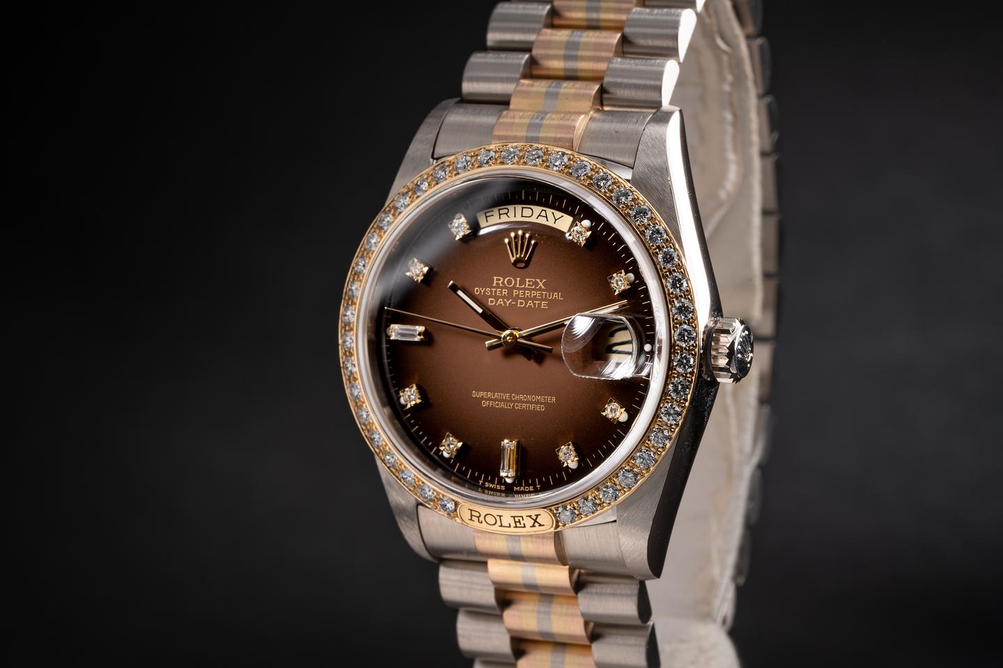 Tropical Watch - 1986 Rolex Tridor Day-Date 18129 Brown Diamond ...