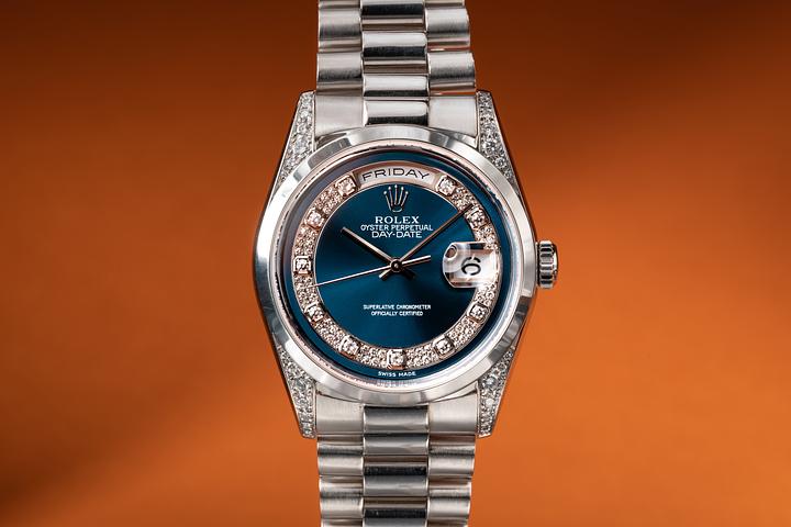 1995 Rolex Diamond Encrusted Platinum Day-Date 18296 Blue Pave Ring ...