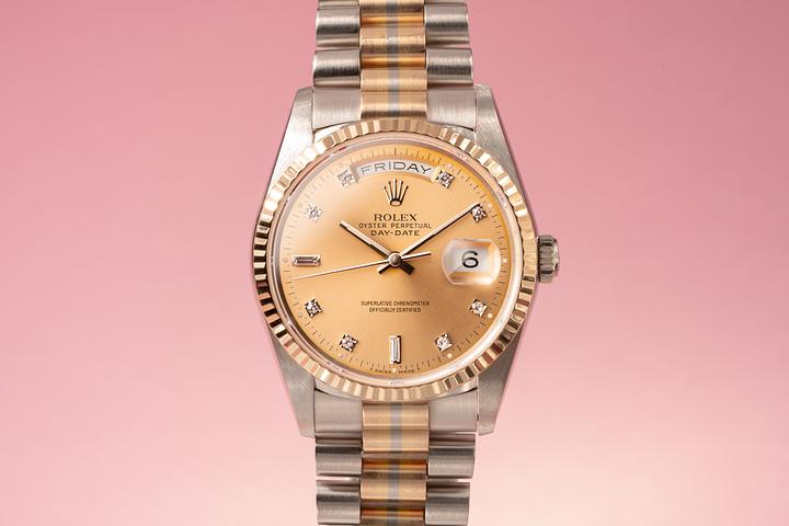 1990 Rolex 18K WG Tridor Day-Date 18239 with Diamond Dial | Tropical Watch