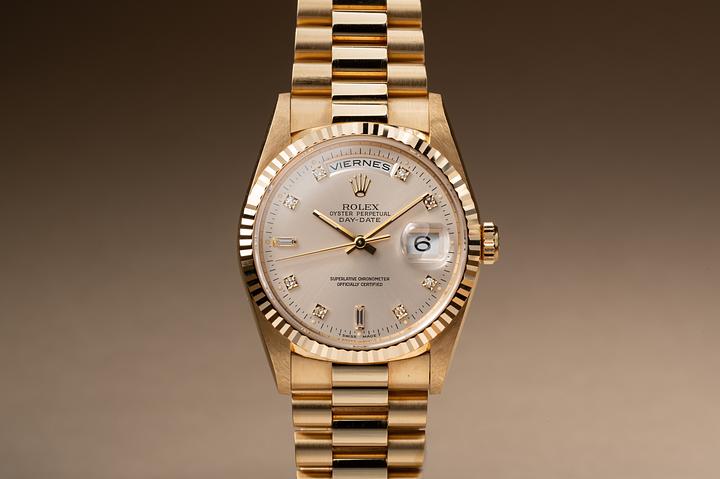 1995 Rolex 18K YG Day-Date 18238 Silver Diamond Dial and Spanish Date ...