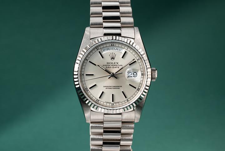 1990 Rolex 18K WG Day-Date 18239 Silver Dial | Tropical Watch