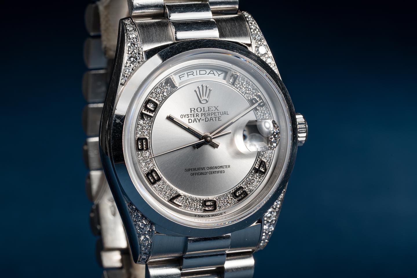 1995 Rolex Platinum Diamond Day-Date 18296 Diamond Arabic Diamond Rope ...