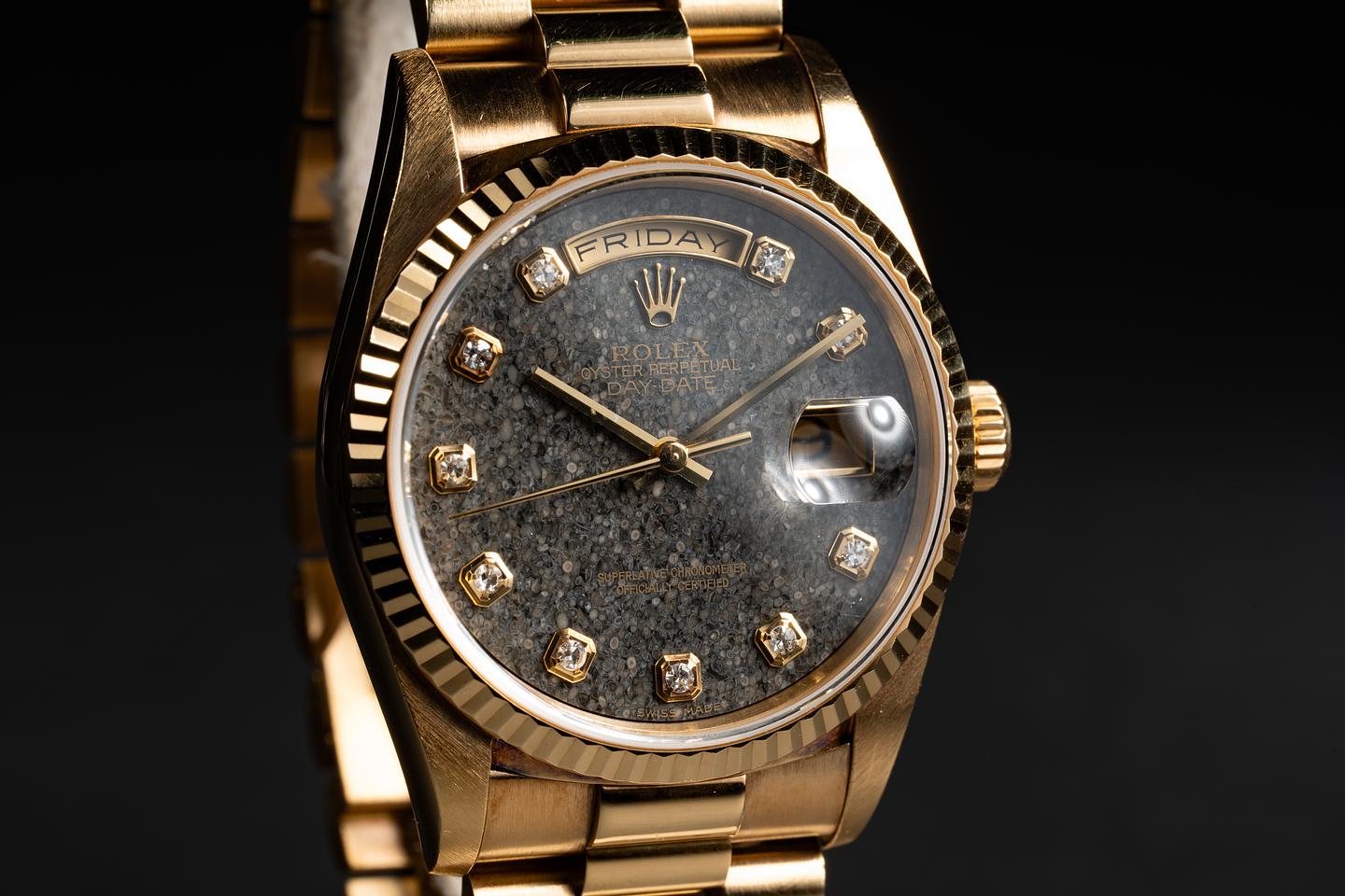 1994 Rolex 18K YG Day-Date 18238 Fossil Diamond Dial | Tropical Watch