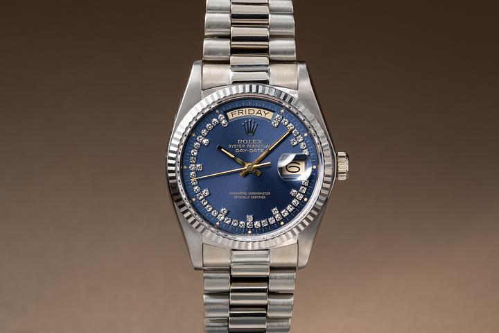 1979 Rolex 18K WG Day-Date 18039 Blue Diamond String Dial | Tropical Watch